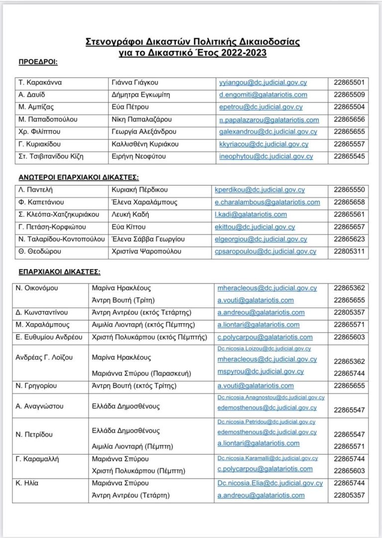 Κατάλογος επικοινωνίας των στενογράφων των Δικαστών Πολιτικής ...